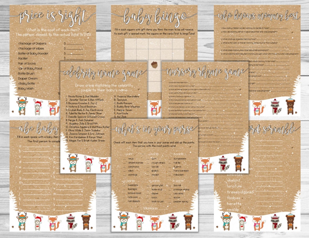 Winter Woodland Animals Baby Shower Set of 8 Games Bundle Printable ...