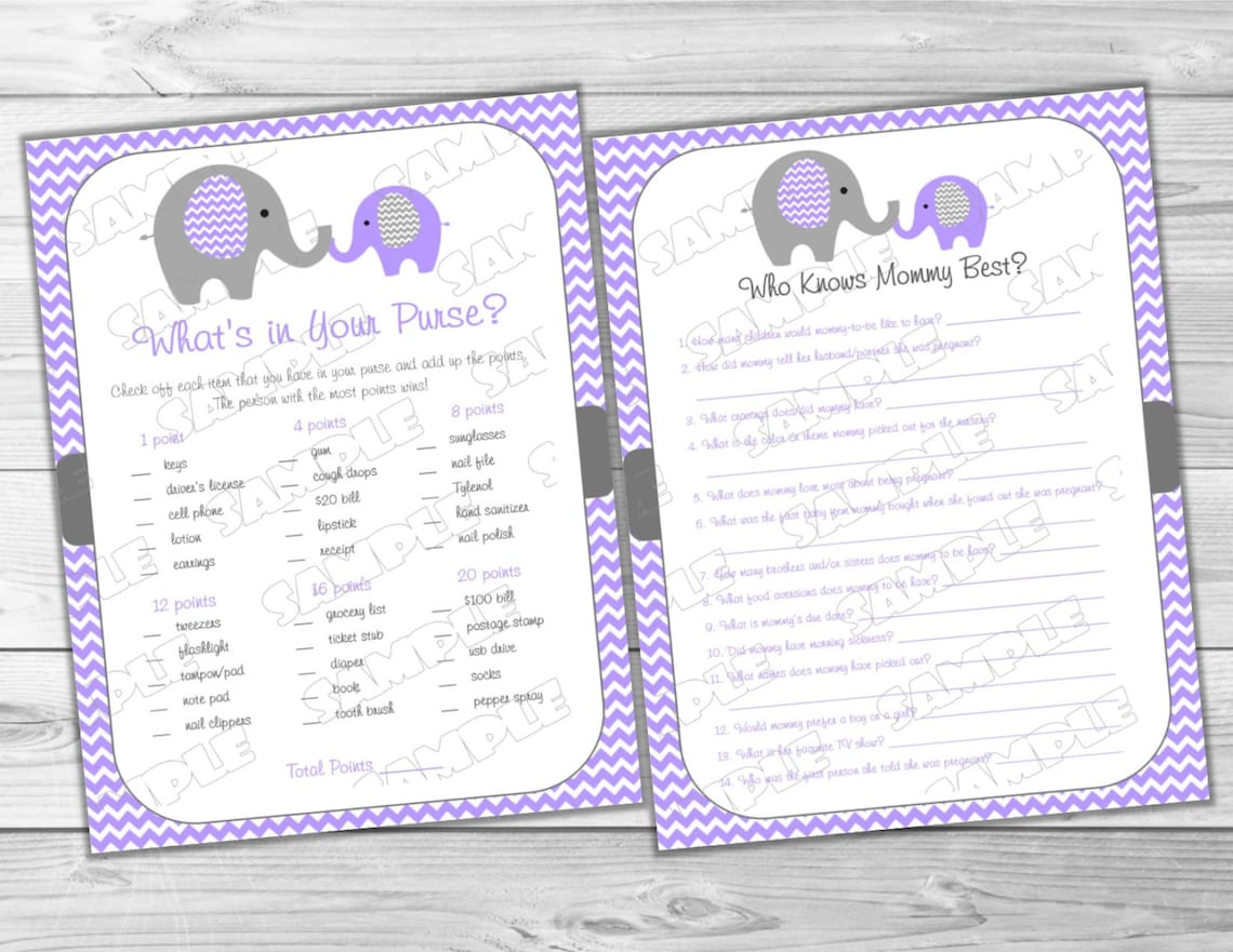 Elephant Baby Shower Games Purple and Gray Set of 8 Games Bundle Baby ...
