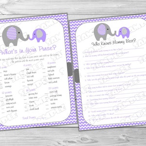 Elephant Baby Shower Games Purple and Gray Set of 8 Games Bundle Baby ...