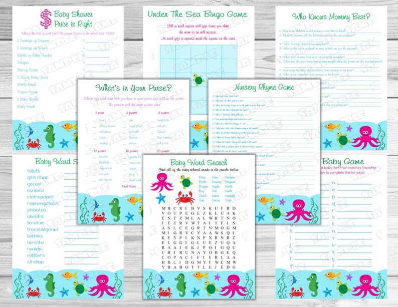 Under the Sea Baby Shower Games Set of 8 Games Bundle Printable INSTANT ...