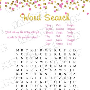 Pink and Gold Baby Shower Games Word Search Game Glitter Printable ...