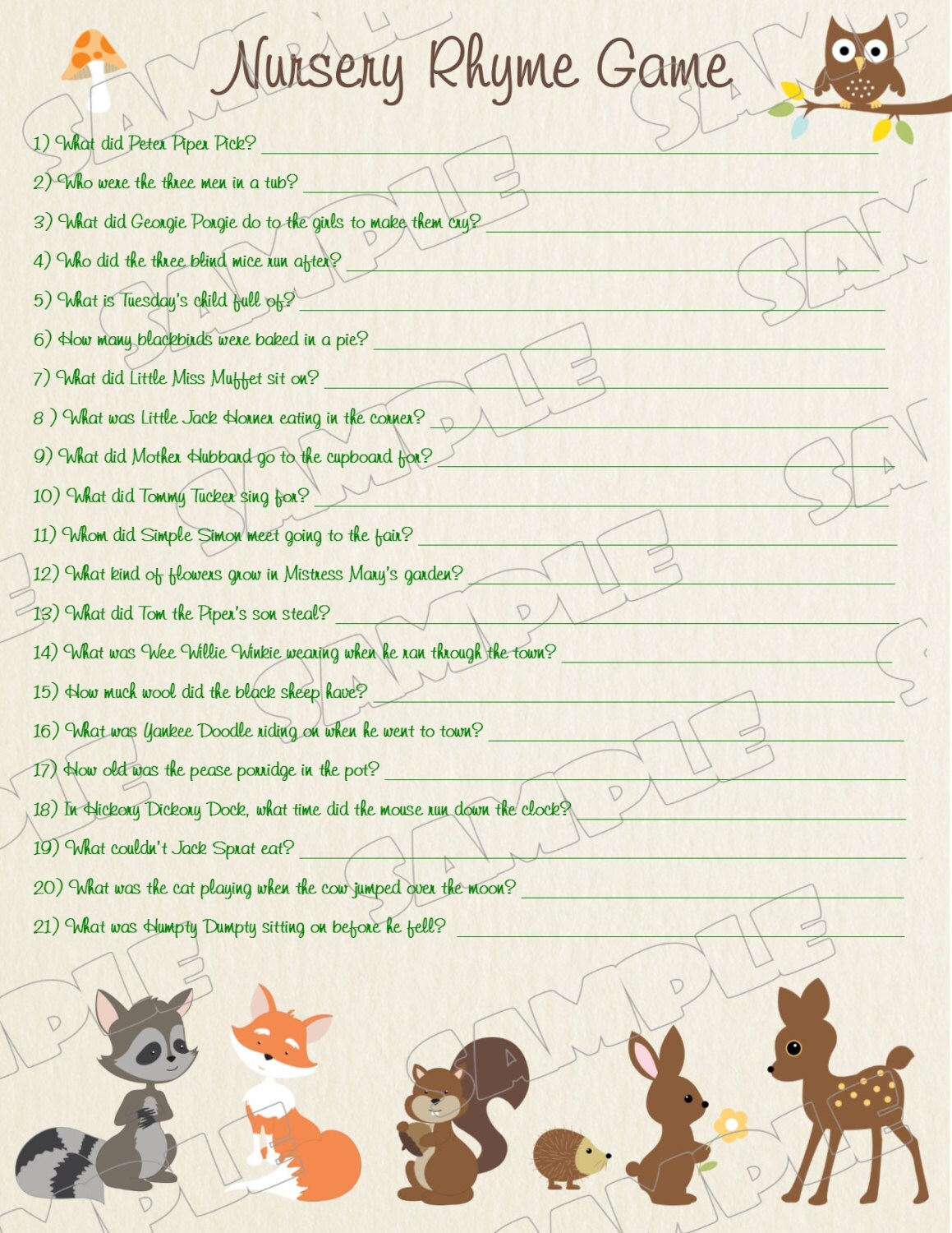 Woodland Forest Animals Nursery Rhyme Game Baby Shower | Etsy