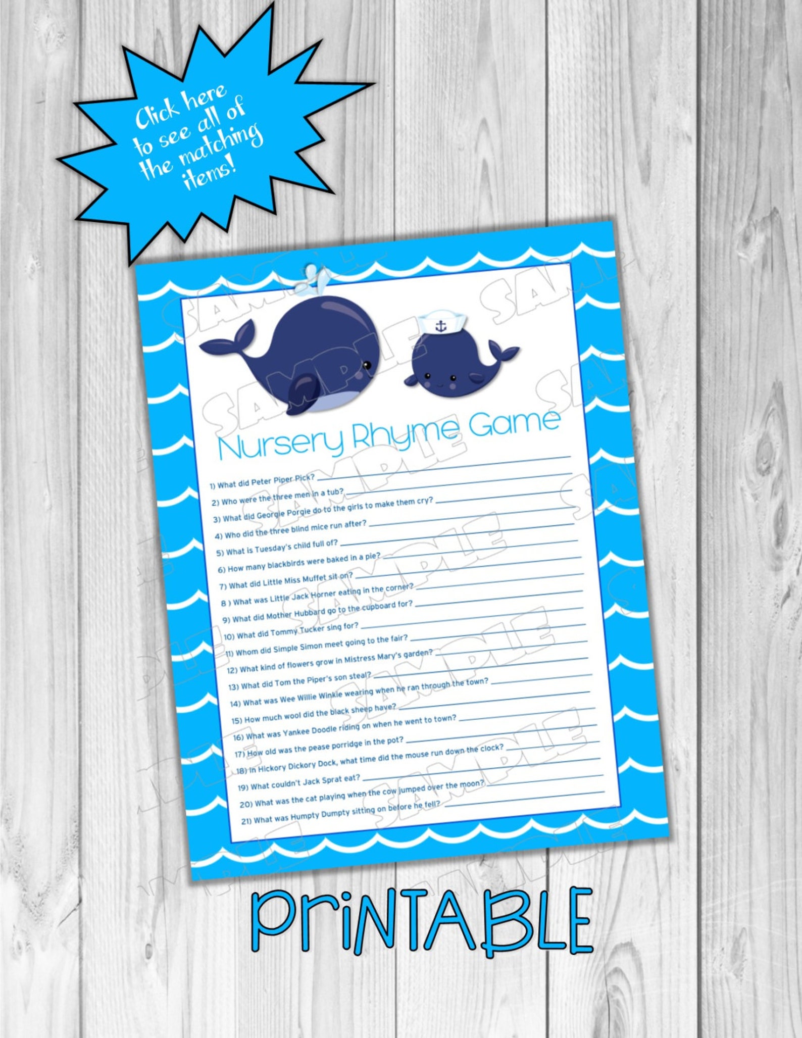 Whale Baby Shower Games Nursery Rhyme Game Printable Whale - Etsy