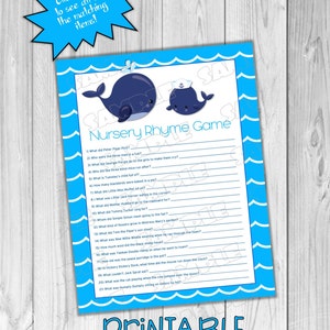 Whale Baby Shower Games Nursery Rhyme Game Printable Whale Games ...