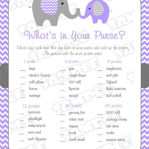 Elephant Baby Shower Games Purple and Gray What's in Your Purse Game ...