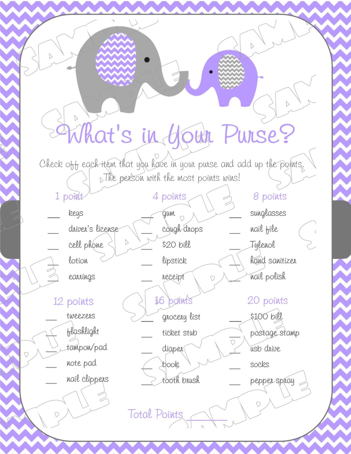 Elephant Baby Shower Games Purple and Gray What's in Your | Etsy