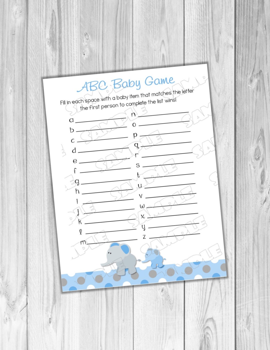 ABC Baby Shower Game Blue Elephant Printable INSTANT DOWNLOAD Uprint by ...