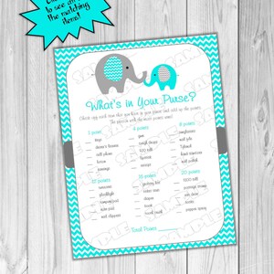 Elephant Baby Shower Games Aqua and Gray What's in Your Purse Game ...