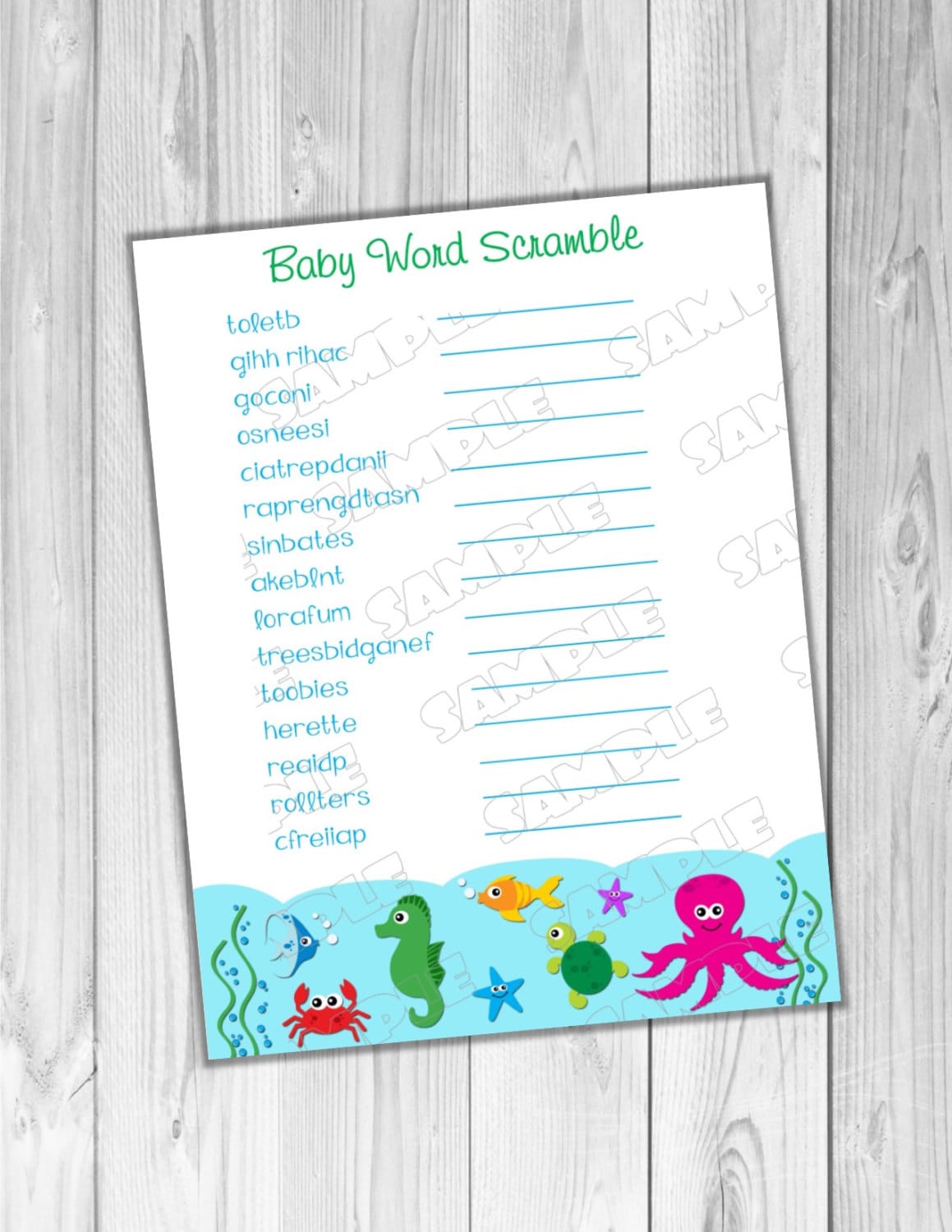 Under the sea Baby shower games Word scramble game Printable | Etsy
