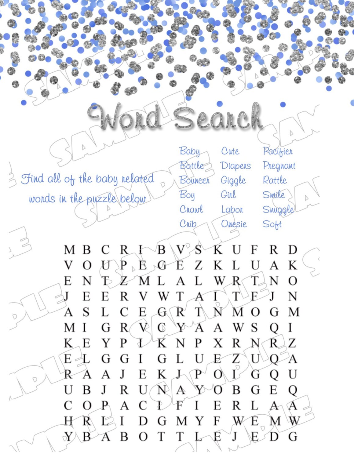 Blue and Silver Baby Shower Games Word Search Game Glitter | Etsy