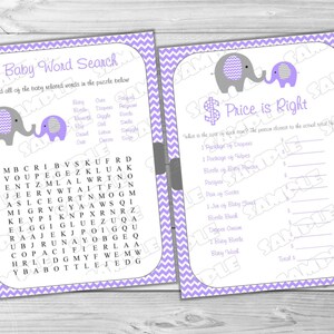 Elephant Baby Shower Games Purple and Gray Set of 8 Games Bundle Baby ...
