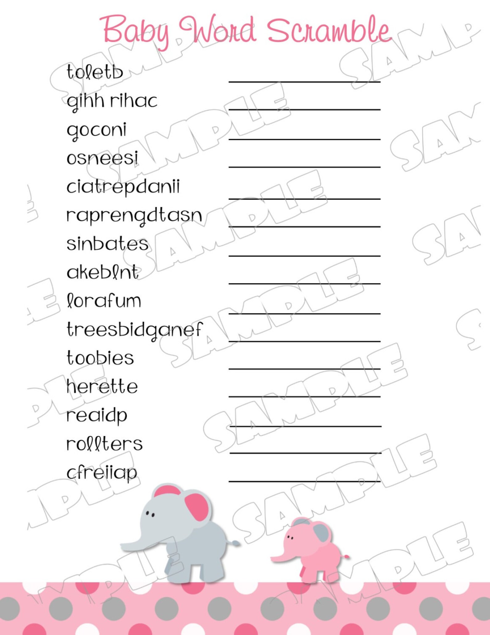 Pink Elephant Word Scramble Baby Shower Game Printable INSTANT - Etsy