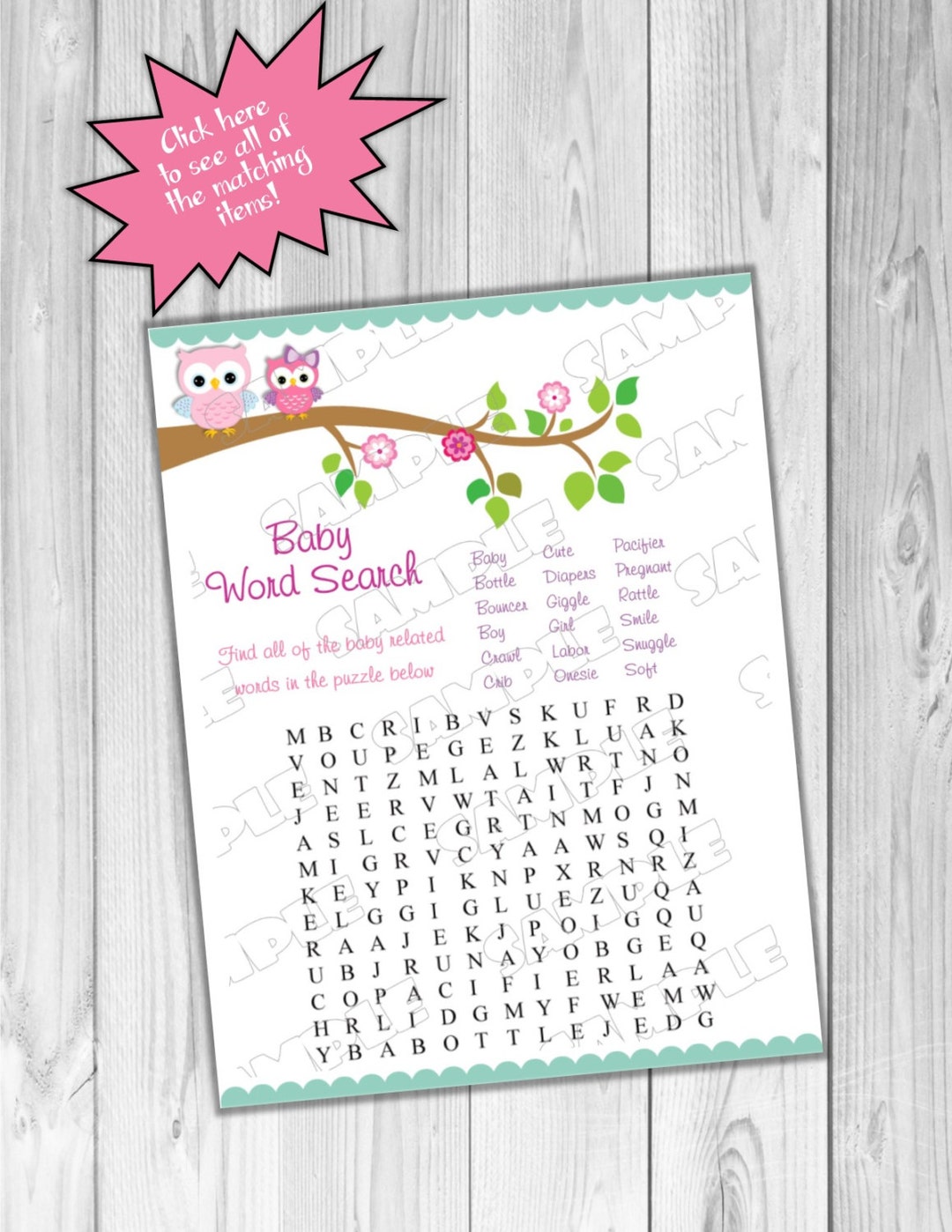 Pink Owl Baby Shower Games Owl Word Search Game Printable INSTANT ...
