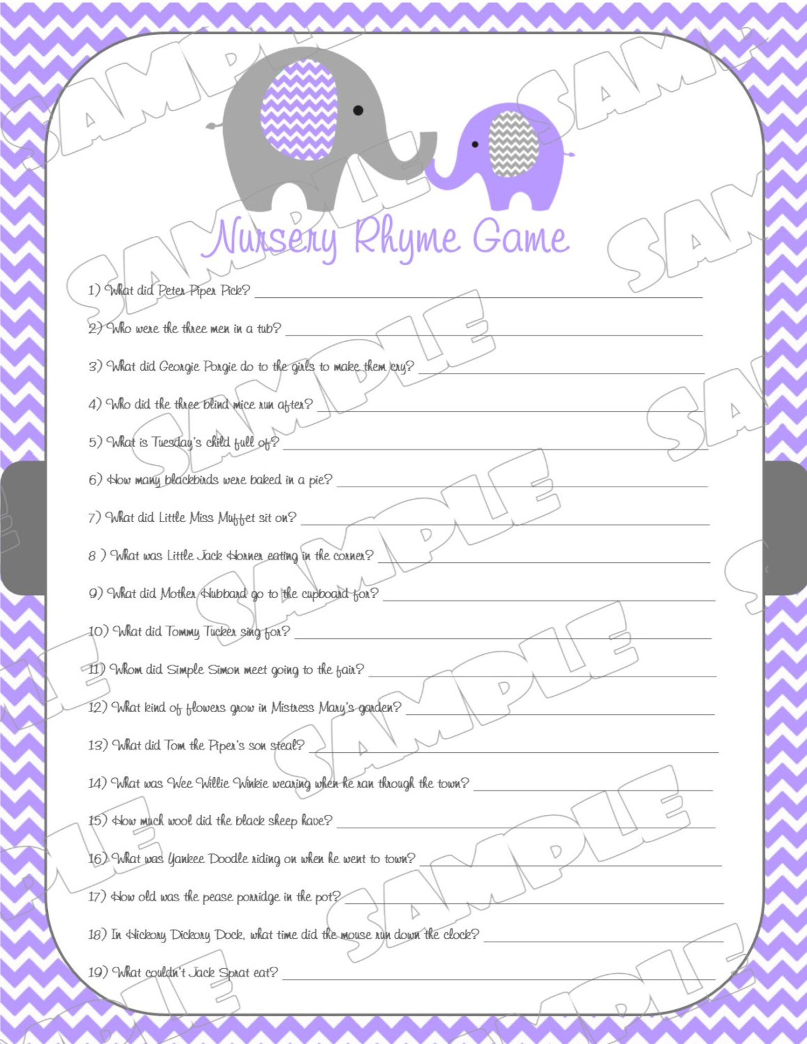 Elephant baby shower games purple and gray nursery rhyme game | Etsy