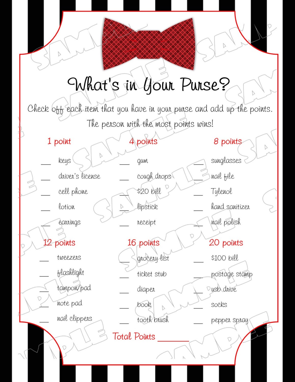 Bowtie Baby Shower Games What's in Your Purse Game | Etsy