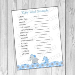 Word Scramble Baby Shower Game Blue Elephant Printable INSTANT DOWNLOAD ...