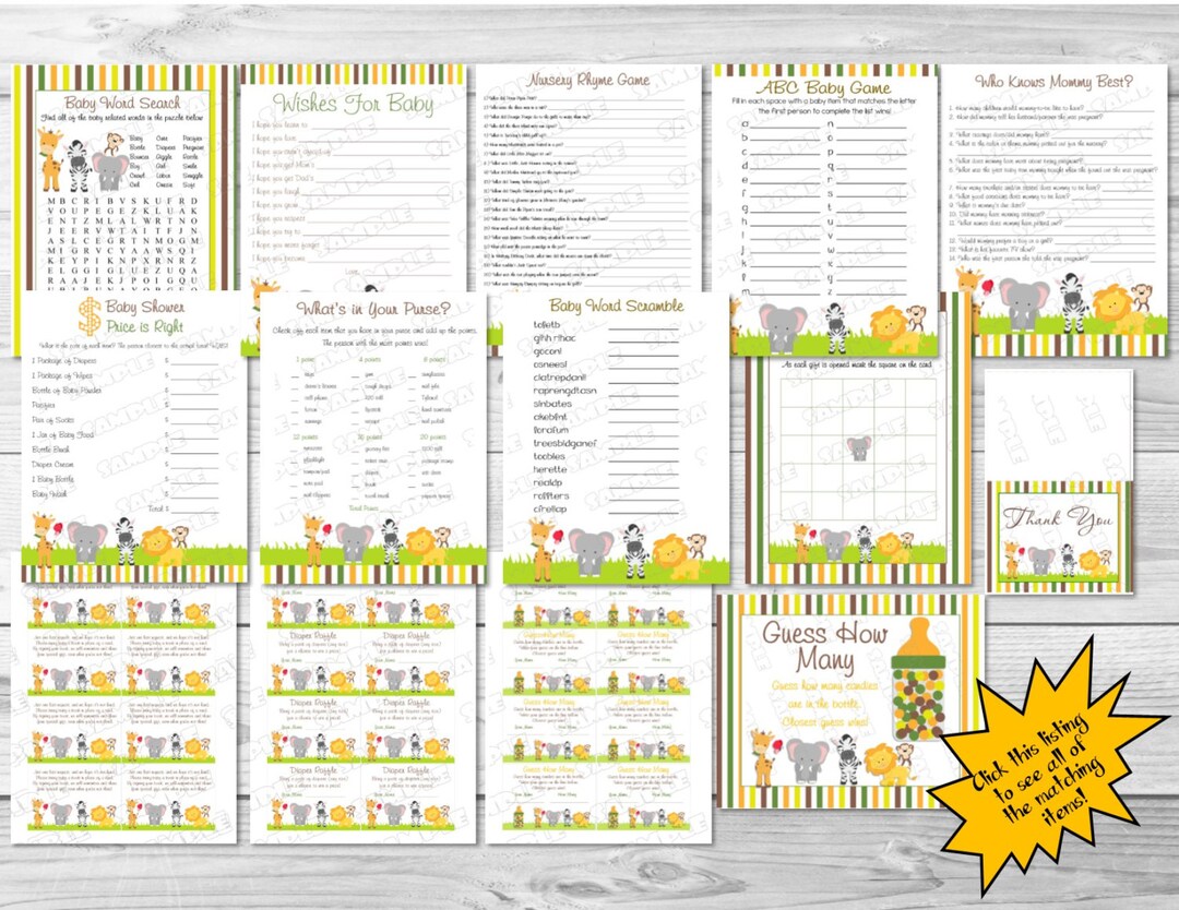 Jungle Safari Baby Shower Games Bundle 14 Piece Set Huge Bundle ...