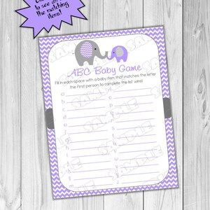 Elephant Baby Shower Games Purple and Gray Abc Baby Game Baby Shower ...