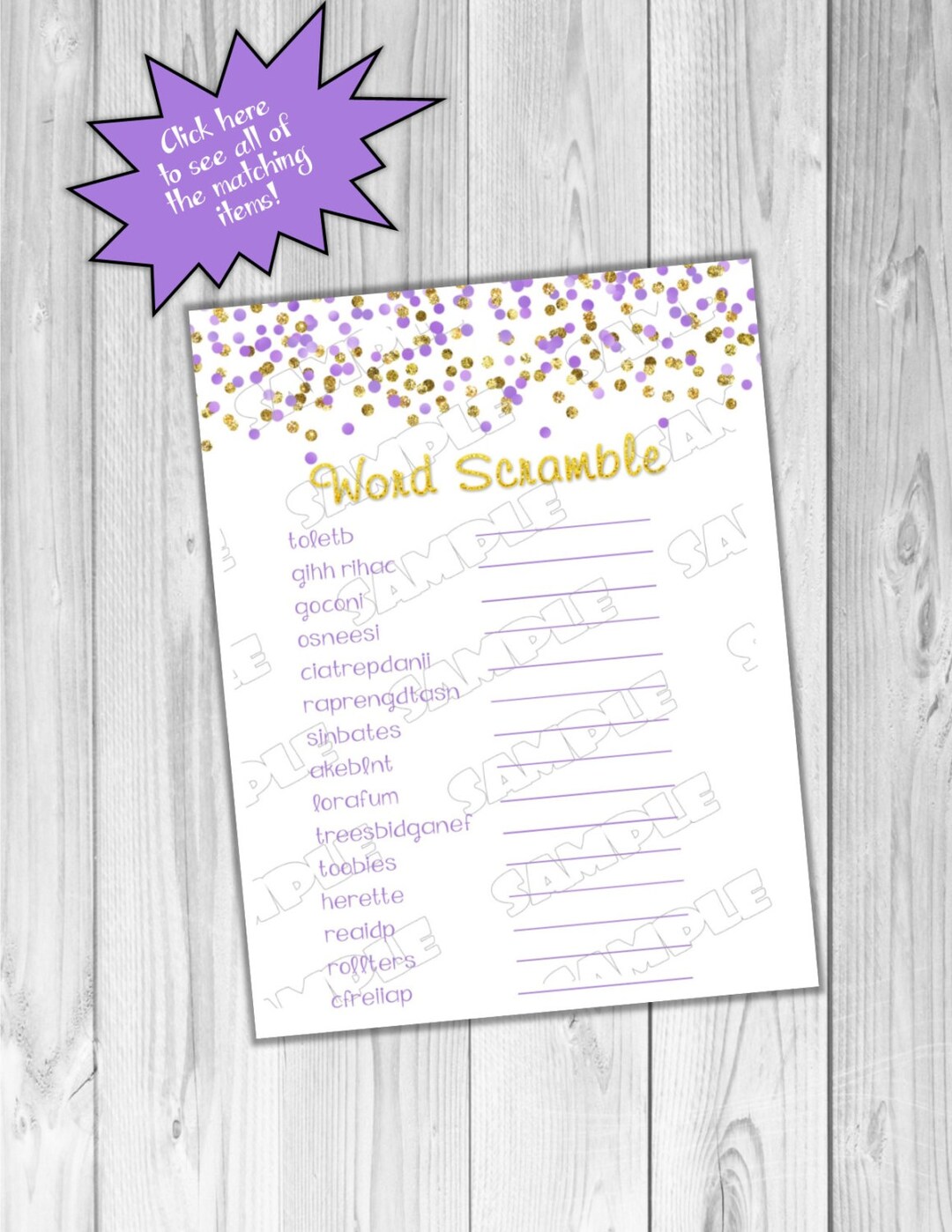 Purple and Gold Baby Shower Games Word Scramble Game Printable - Etsy