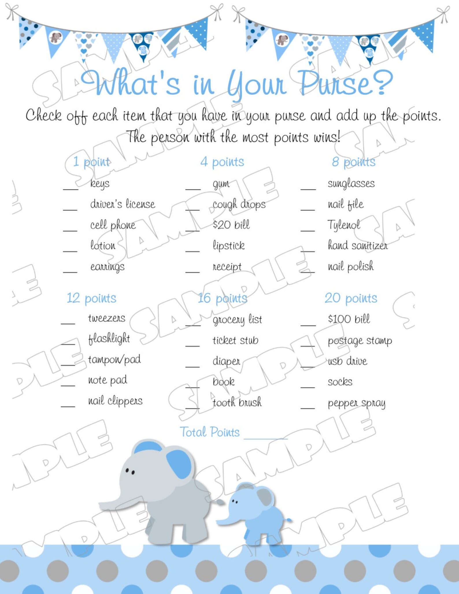 What's in Your Purse Baby Shower Game Blue Elephant - Etsy