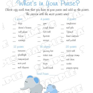 What's in Your Purse Baby Shower Game Blue Elephant - Etsy