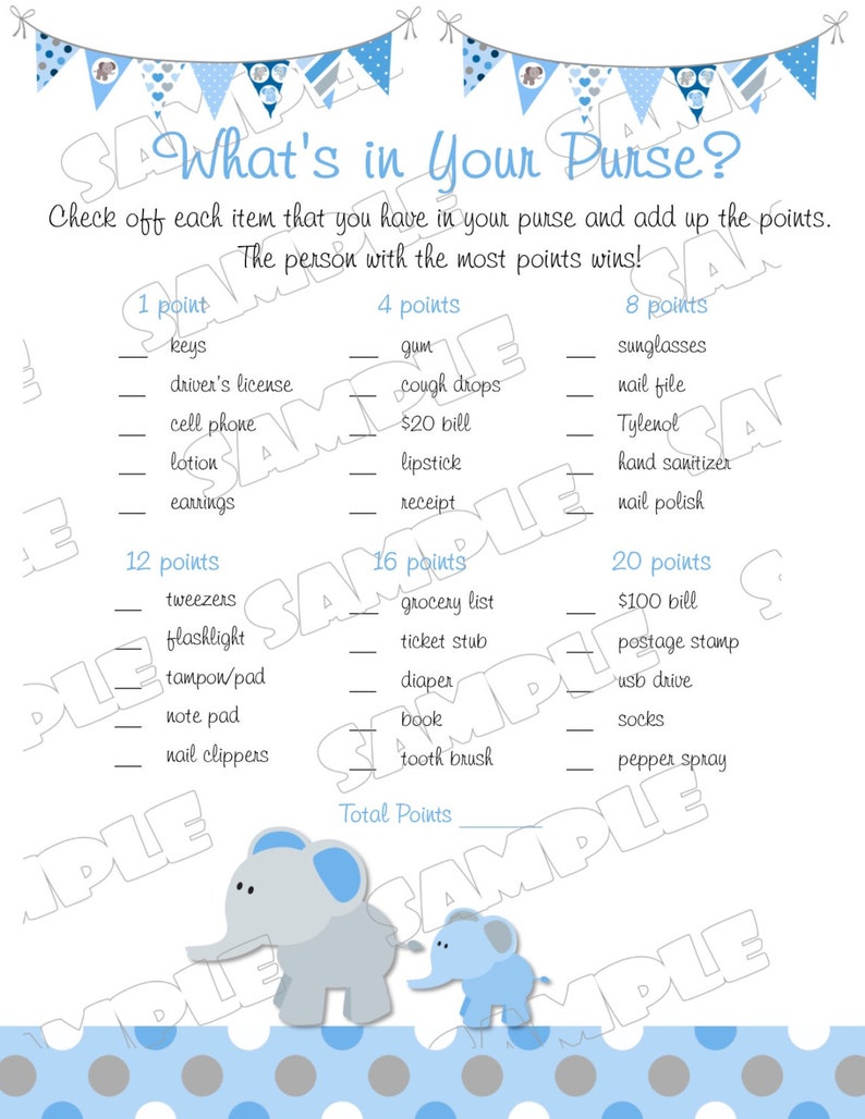 What's in Your Purse Baby Shower Game Blue Elephant - Etsy