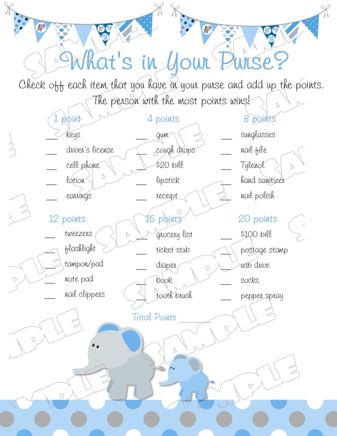 What's in Your Purse Baby Shower Game Blue Elephant - Etsy