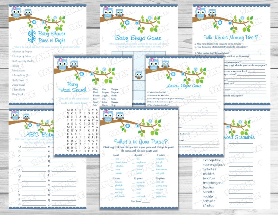 Blue Owl Baby Shower Games Set of 8 Games Bundle Printable INSTANT ...