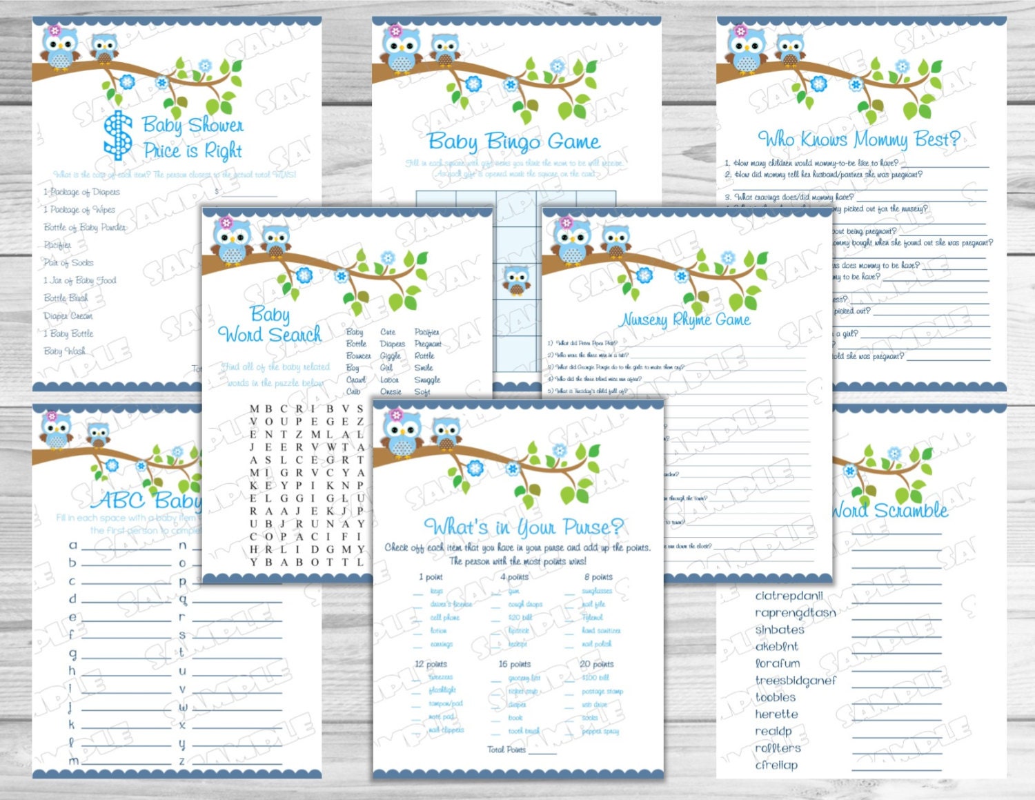Blue Owl Baby Shower Games Set of 8 Games Bundle Printable INSTANT ...
