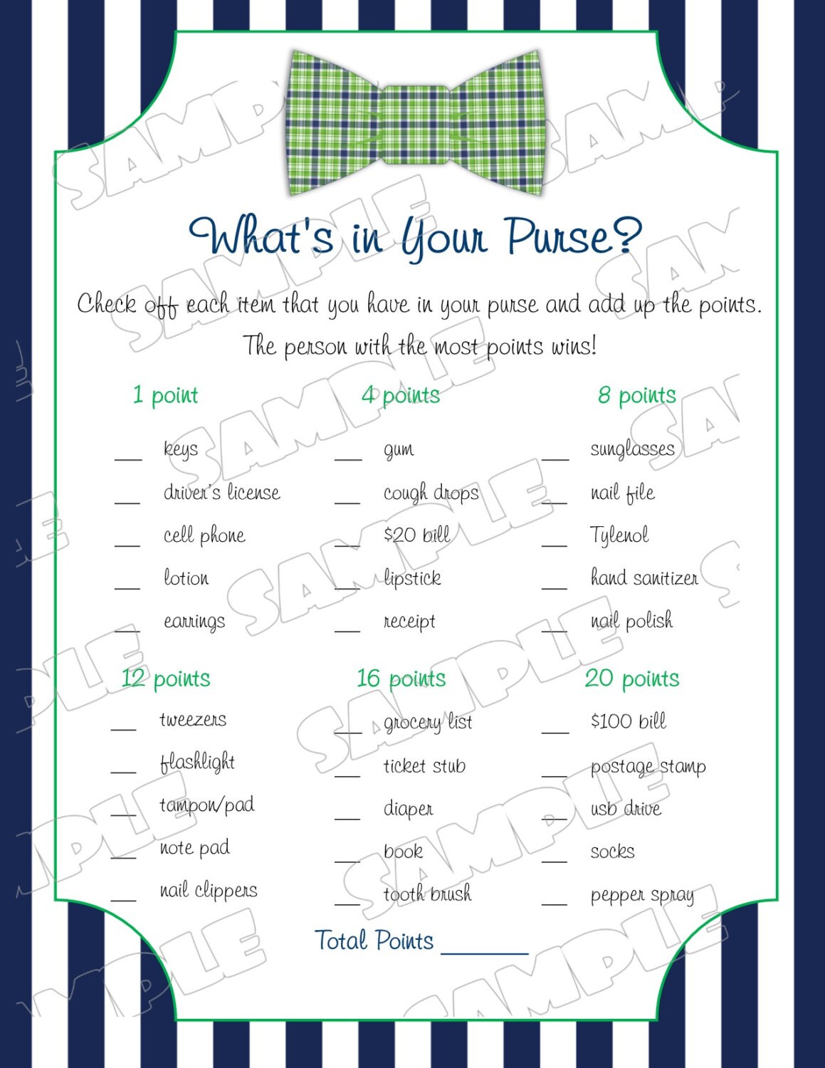 Bowtie Baby Shower Games What's in Your Purse Game | Etsy