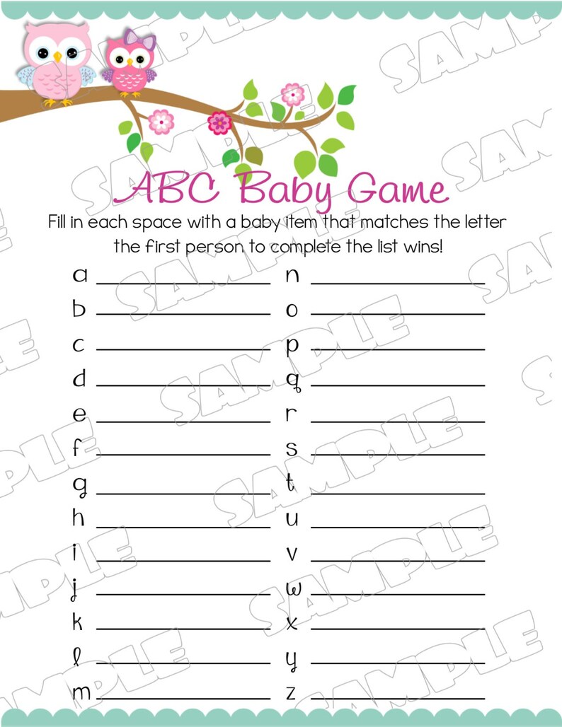 Pink Owl Baby Shower Games Owl Abc Baby Game Printable INSTANT - Etsy