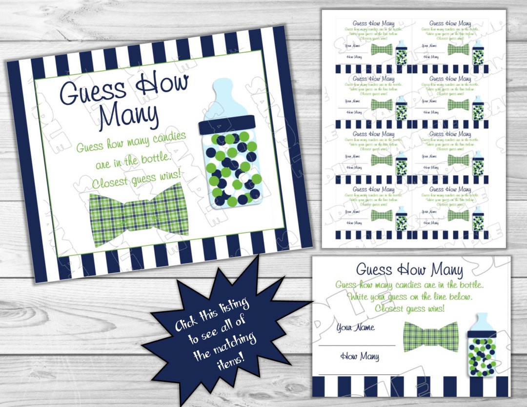 Bowtie Baby Shower Games Guess How Many Large Sign & Cards Printable ...