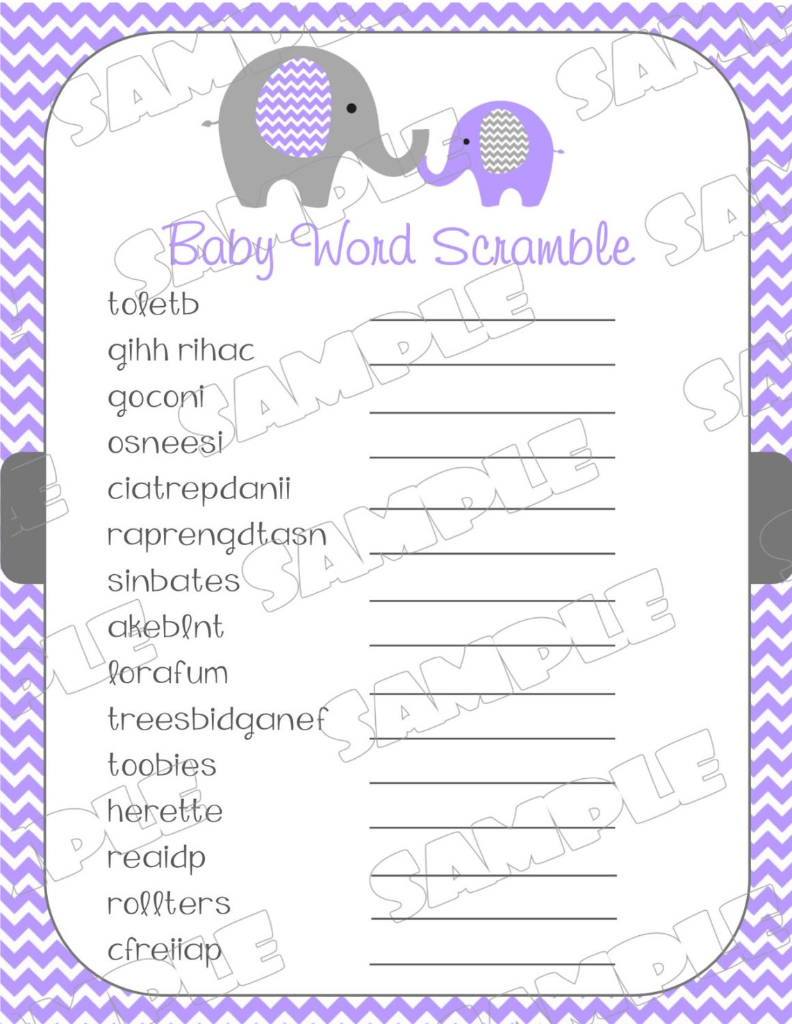 Elephant Baby Shower Games Purple and Gray Word Scramble Baby | Etsy