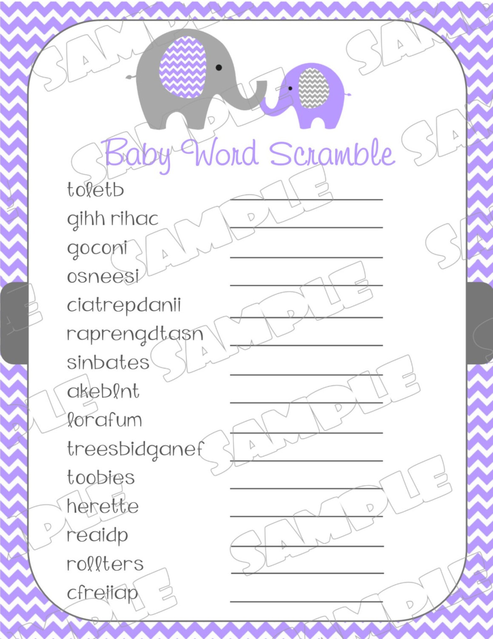 Elephant Baby Shower Games Purple and Gray Word Scramble Baby | Etsy