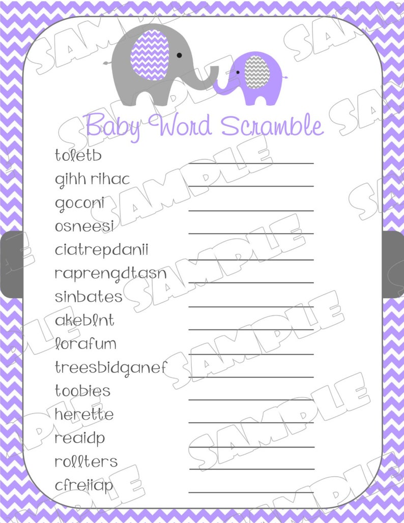 Elephant Baby Shower Games Purple and Gray Word Scramble Baby | Etsy