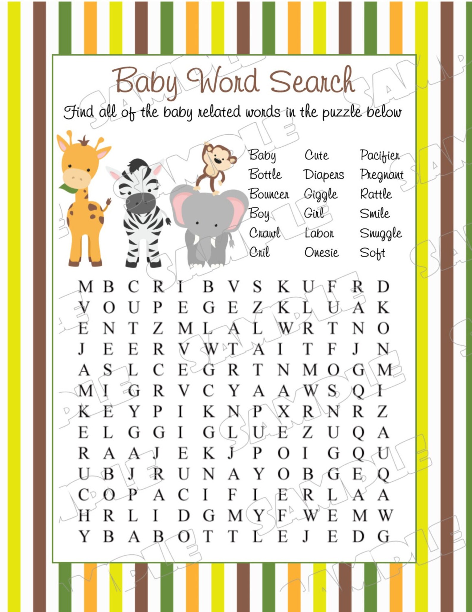 Jungle Safari Baby Shower Games Word Search Game Printable | Etsy