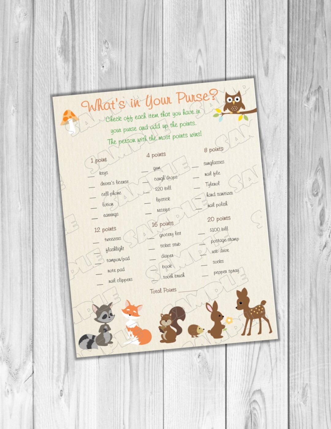 Woodland Forest Animals What's in Your Purse Game Baby Shower Printable ...