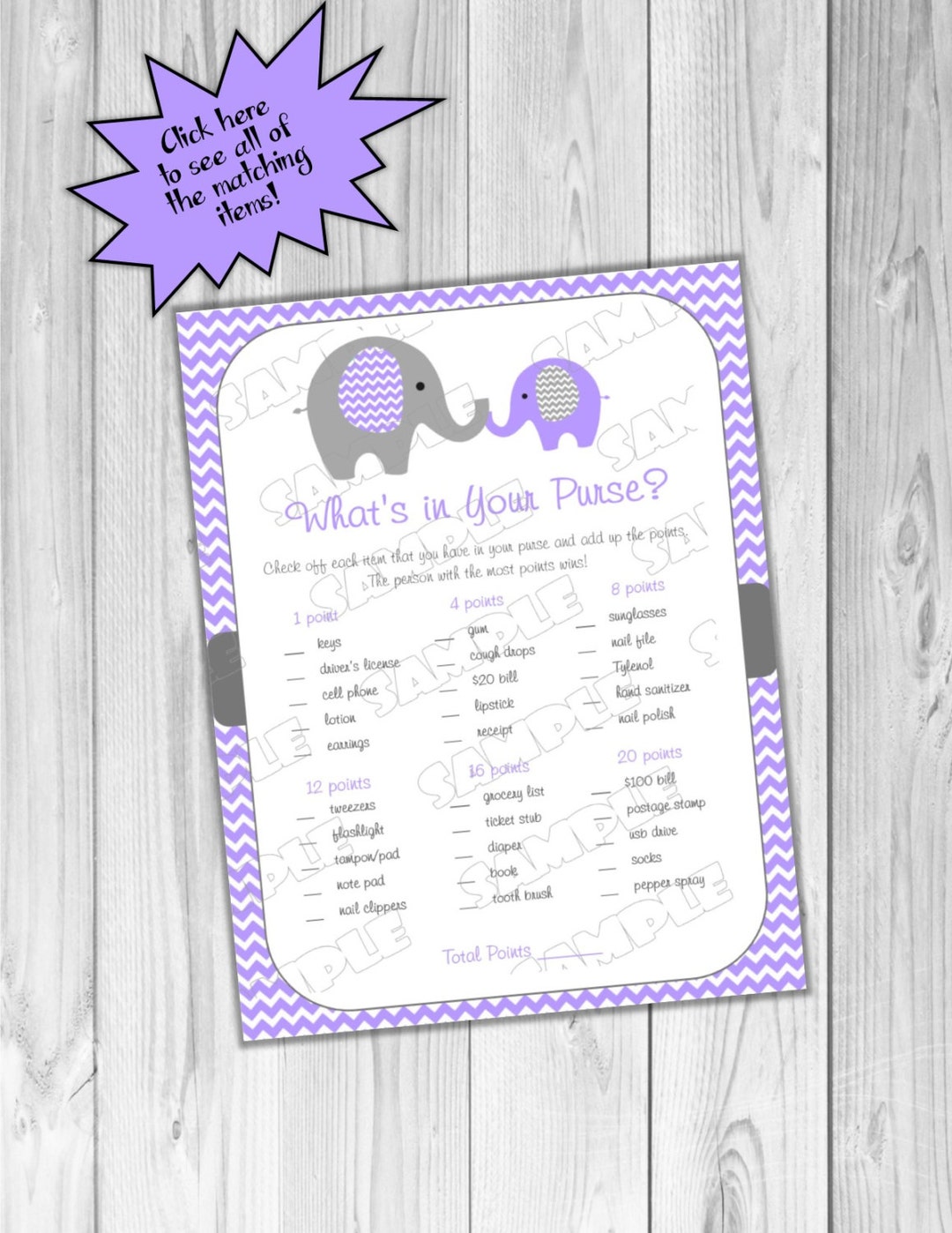 Elephant Baby Shower Games Purple and Gray What's in Your Purse Game ...