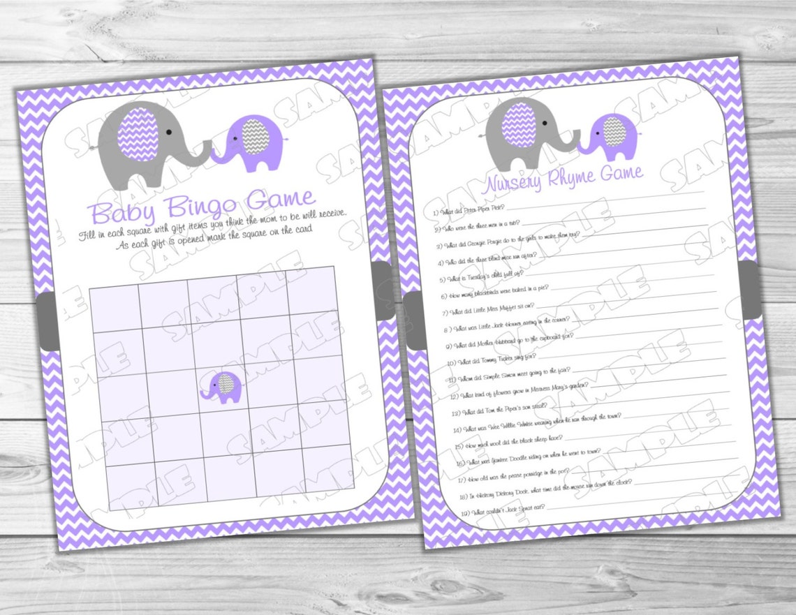 Elephant Baby Shower Games Purple and Gray Set of 8 Games Bundle Baby ...