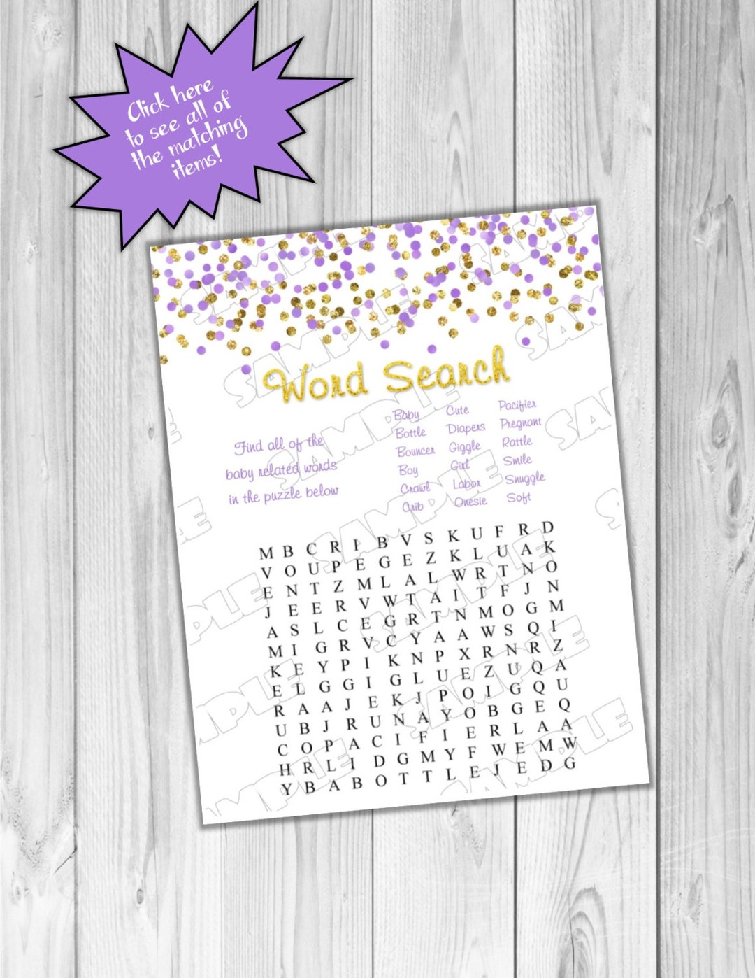 Purple and Gold Baby Shower Games Word Search Game Printable INSTANT ...