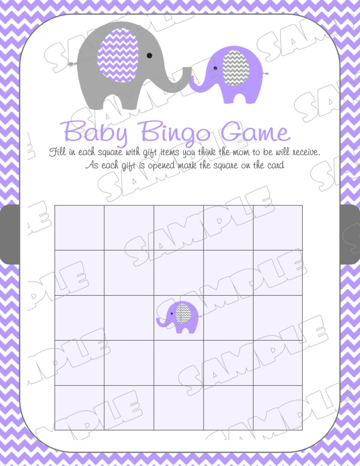 Elephant Baby Shower Games Purple and Gray Bingo Baby Game | Etsy