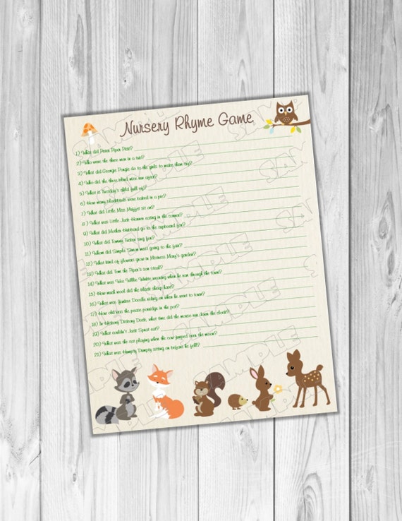 Woodland forest animals nursery rhyme game baby shower Printable ...