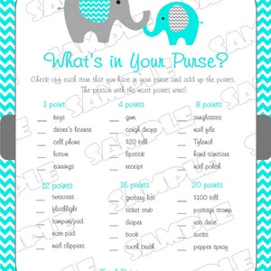 Elephant Baby Shower Games Aqua and Gray What's in Your Purse Game ...