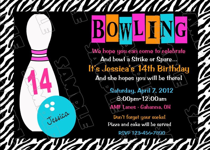 Bowling Birthday Party Zebra ANY COLOR Printable Invitation - Etsy