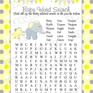 Yellow Elephant Word Search Baby Shower Game Printable INSTANT DOWNLOAD ...