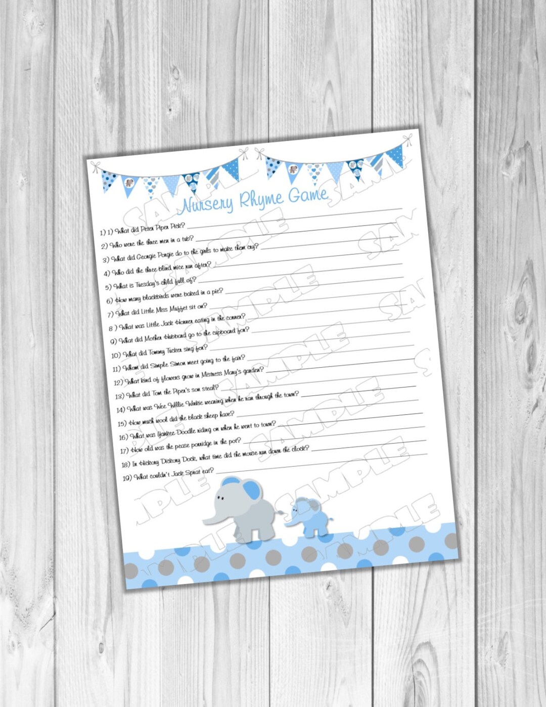 Nursery Rhyme Baby Shower Game Blue Elephant Printable INSTANT DOWNLOAD ...