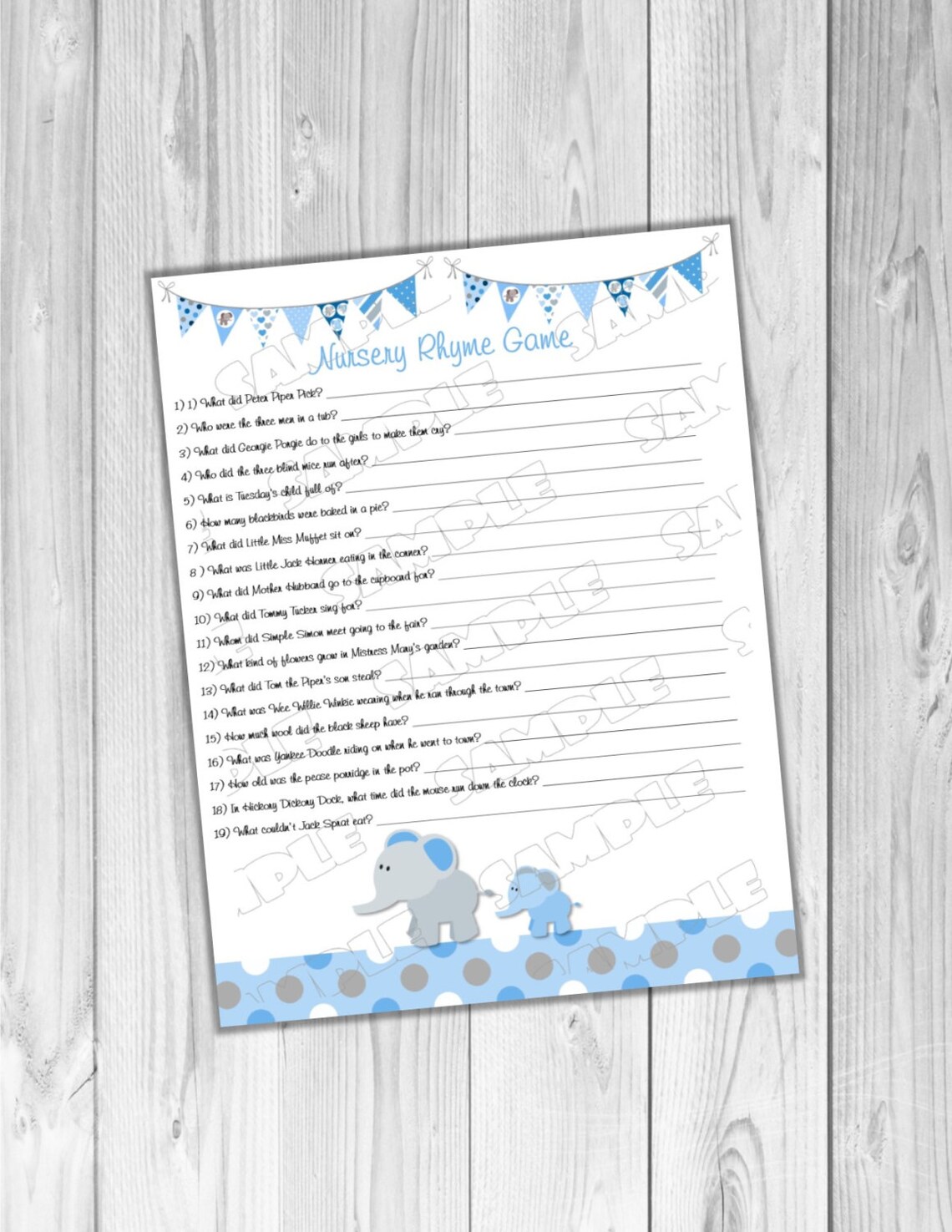 Nursery Rhyme Baby Shower Game Blue Elephant Printable INSTANT - Etsy