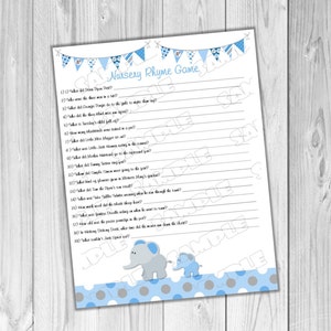 Nursery Rhyme Baby Shower Game Blue Elephant Printable INSTANT DOWNLOAD ...