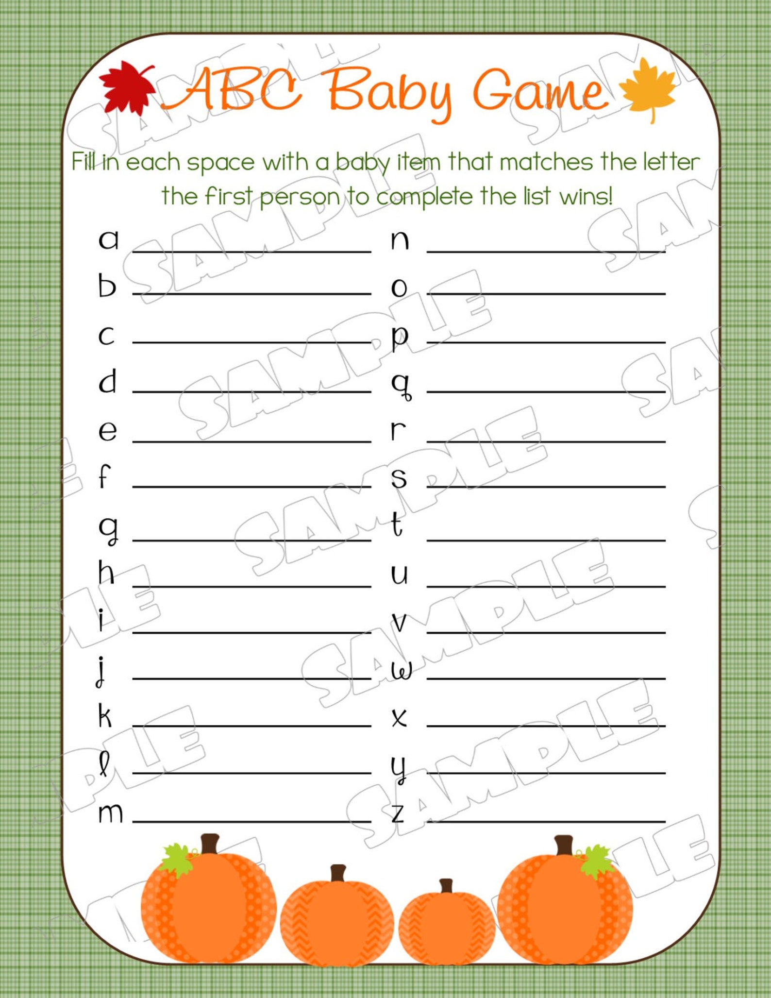 Pumpkin Fall Baby Shower Games Abc Baby Game Printable INSTANT - Etsy