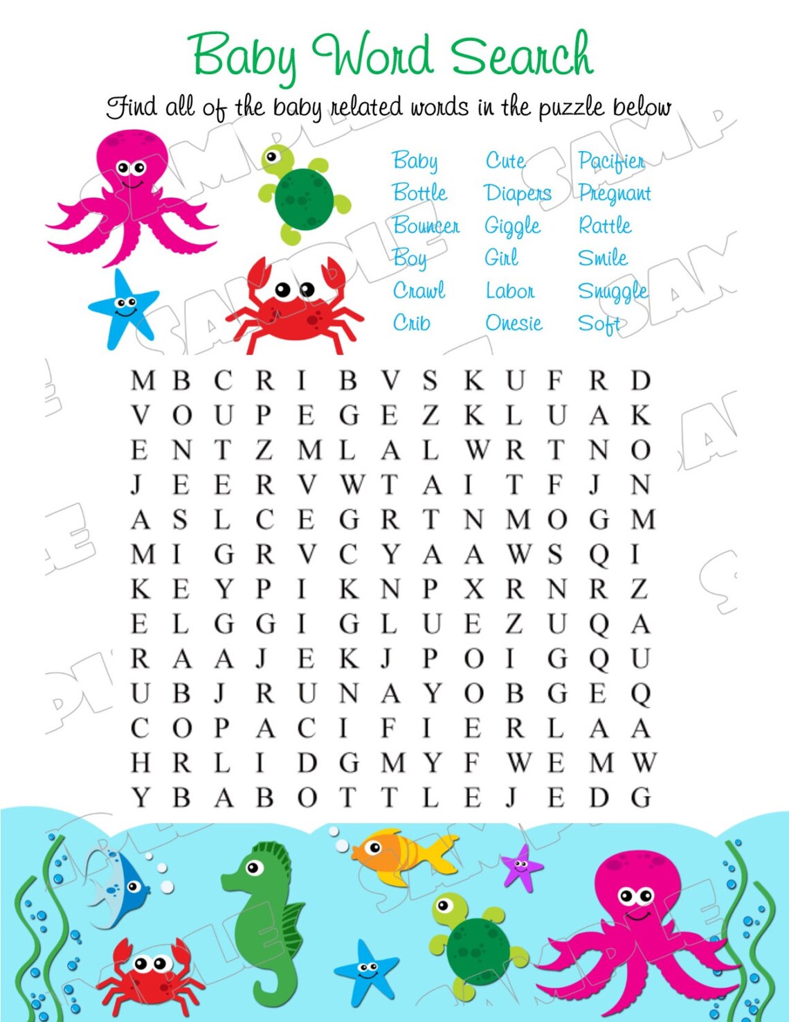 Under the Sea Baby Shower Games Word Search Game Printable - Etsy